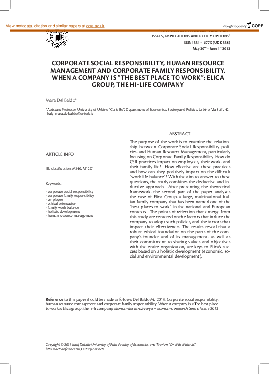 (PDF) Corporate Social Responsibility, Human Resource Management and Corporate Family ...