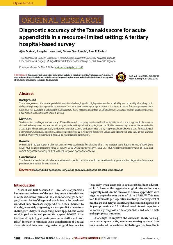 (PDF) Tzanakis score vs. Alvarado score in acute appendicitis