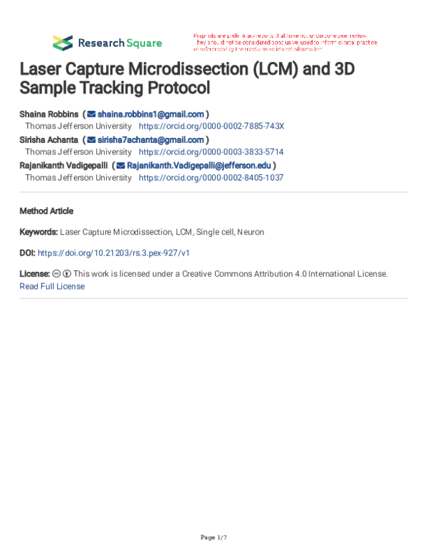 (PDF) Laser Capture Microdissection (LCM) and 3D Sample Tracking Protocol