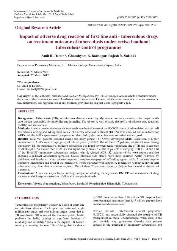 (PDF) Impact of adverse drug reaction of first line anti - tuberculous ...