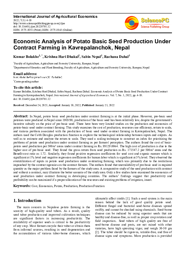 (PDF) Economic Analysis of Potato Basic Seed Production Under Contract Farming in Kavrepalanchok ...