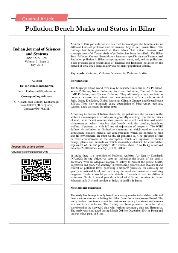 (PDF) Pollution Bench Marks And Status In Bihar