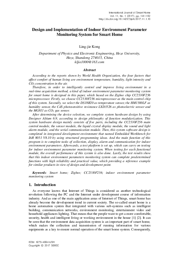 (PDF) Design and Implementation of Indoor Environment Parameter Monitoring System for Smart Home