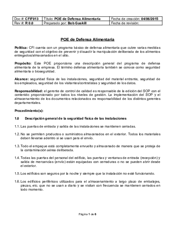 (DOC) Ficha Food Defense SOP de Bob Gaskill -Traducción en Español