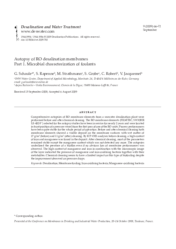 (PDF) Autopsy of RO desalination membranes: Part 1 microbial ...