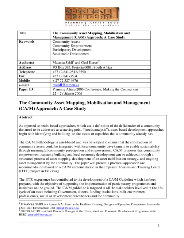 (PDF) Community asset mapping, mobilisation and management (CA/M ...