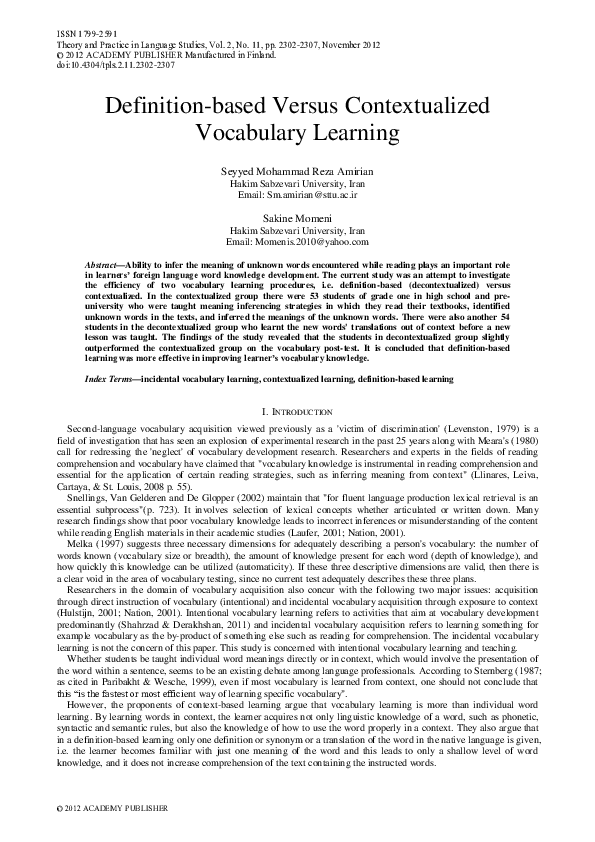 (PDF) Definition-based Versus Contextualized Vocabulary Learning