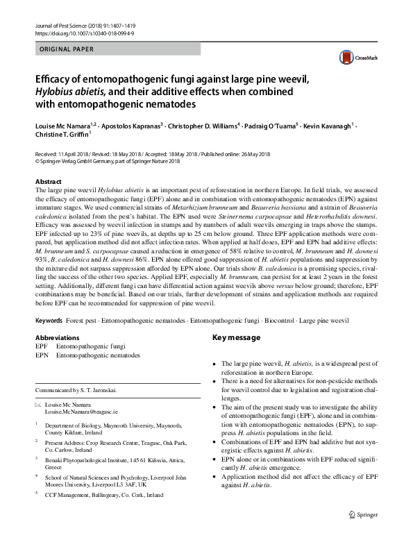 (PDF) Efficacy of entomopathogenic fungi against large pine weevil, Hylobius abietis, and their ...