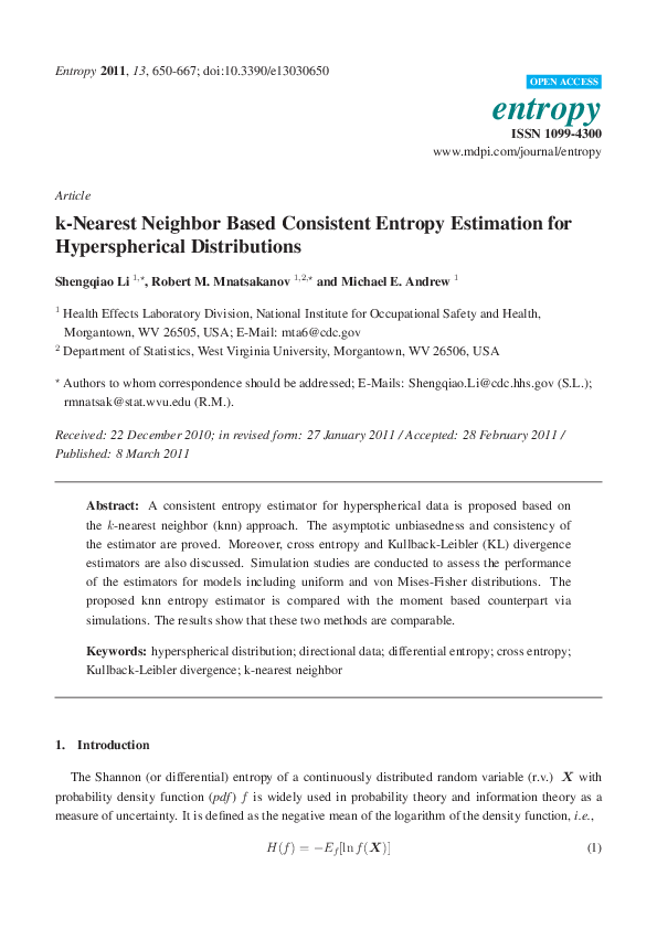 (PDF) k-Nearest Neighbor Based Consistent Entropy Estimation for Hyperspherical Distributions