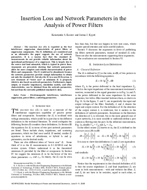 (PDF) Insertion Loss and Network Parameters in the Analysis of Power Filters | Konstantin Kostov ...