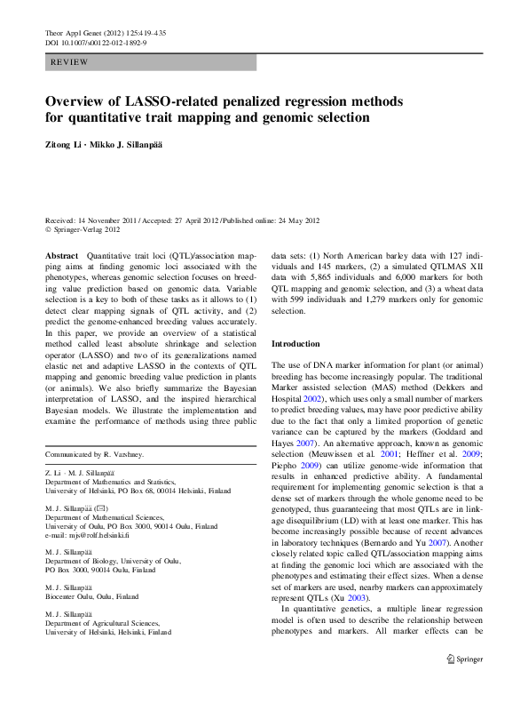 Pdf Overview Of Lasso Related Penalized Regression Methods For Quantitative Trait Mapping And