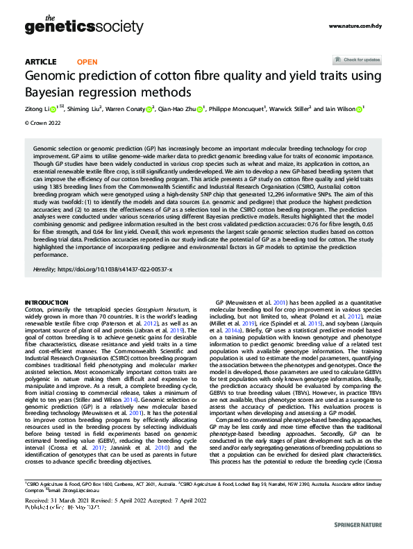 (PDF) Genomic prediction of cotton fibre quality and yield traits using ...
