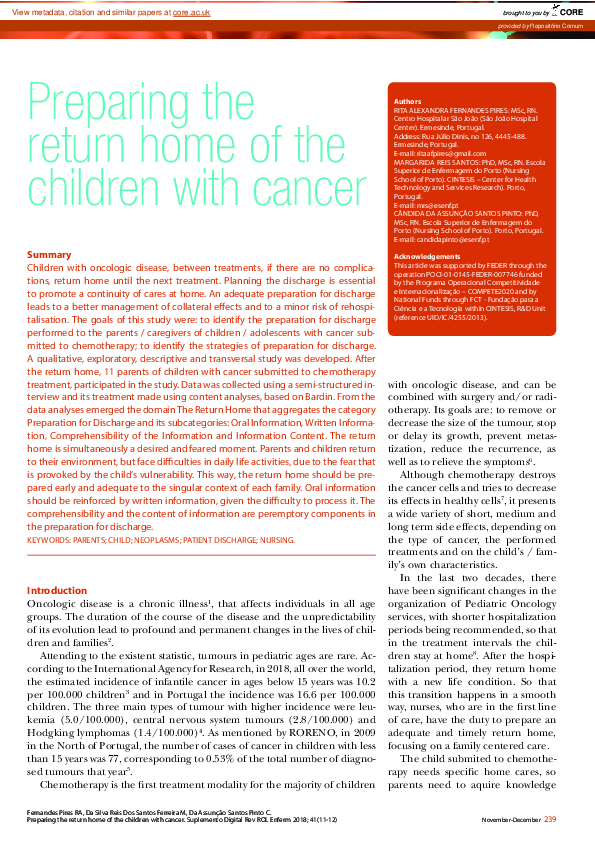 (PDF) Preparing the return home of the children with cancer