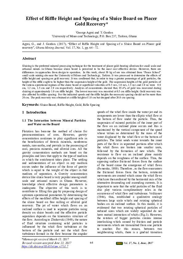(PDF) Effect of Riffle Height and Spacing of a Sluice Board on Placer ...