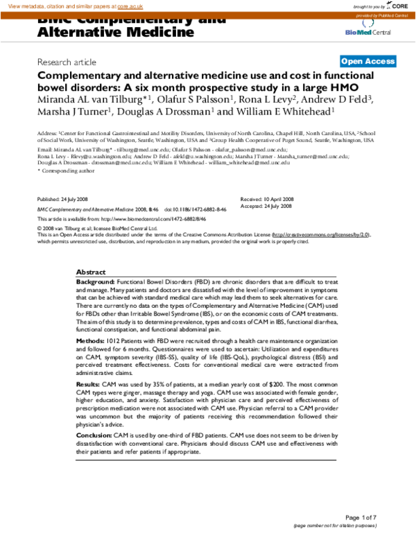 (PDF) Complementary and alternative medicine use and cost in functional bowel disorders: A six ...