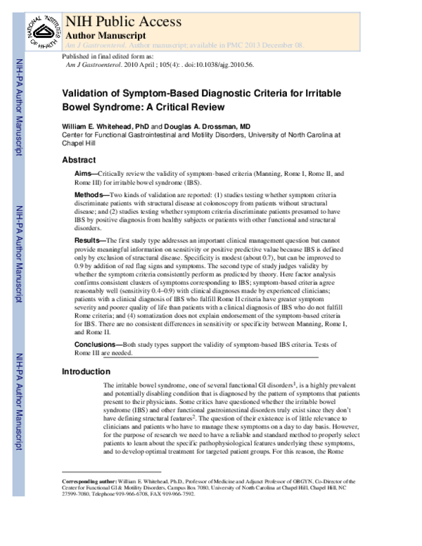 (PDF) Validation of symptom-based diagnostic criteria for irritable bowel syndrome: a critical ...
