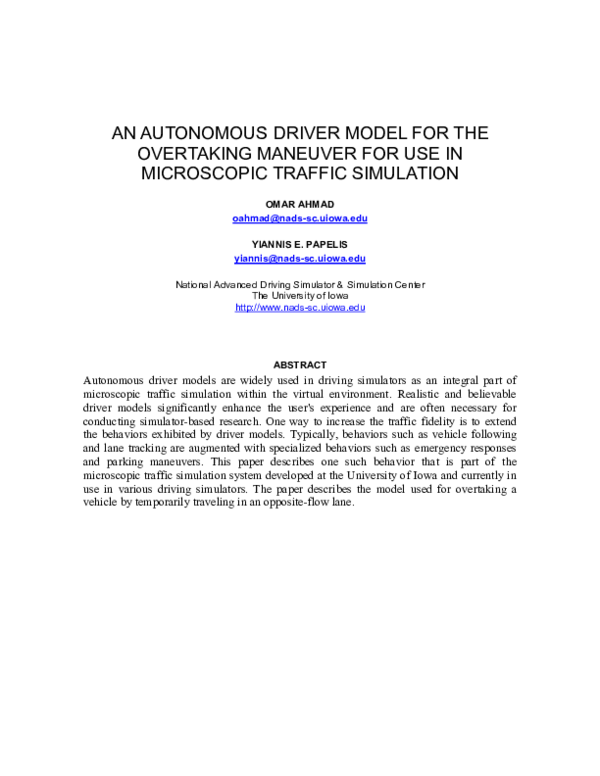 (PDF) An autonomous driver model for the overtaking maneuver for use in microscopic traffic ...