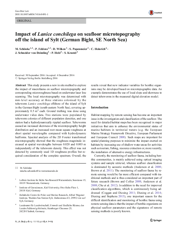 (PDF) Impact of Lanice conchilega on seafloor microtopography off the ...