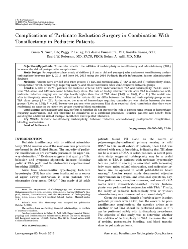 (PDF) Complications of turbinate reduction surgery in combination with tonsillectomy in ...