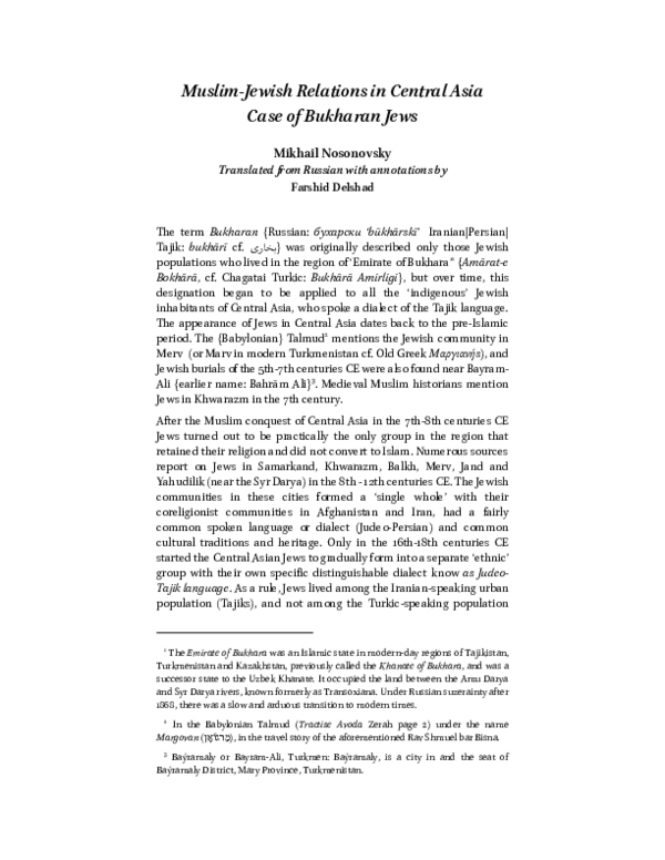 (PDF) Muslim-Jewish Relations in Central Asia: Case of Bukharan Jews