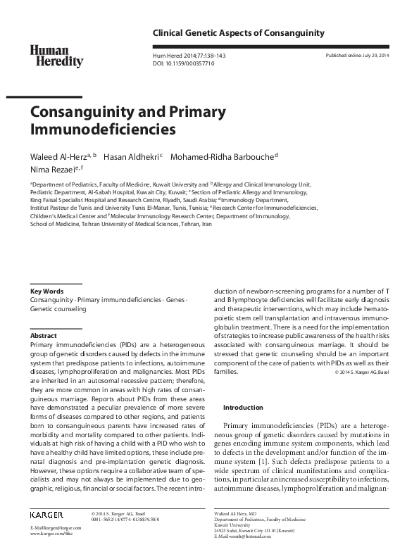 (PDF) Consanguinity and Primary Immunodeficiencies