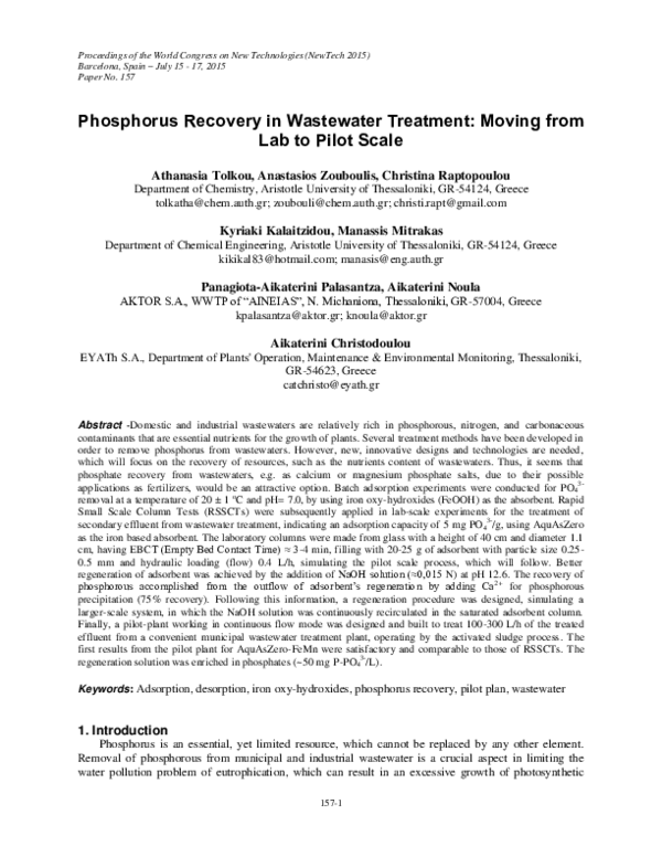 (PDF) Phosphorus Recovery in Wastewater Treatment: Moving from Lab to ...
