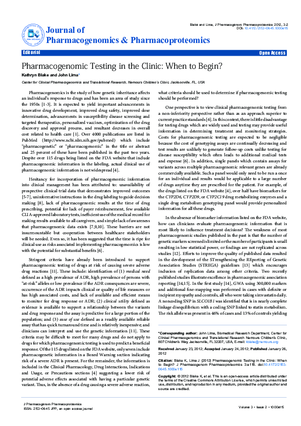 (PDF) Pharmacogenomic Testing in the Clinic: When to Begin?