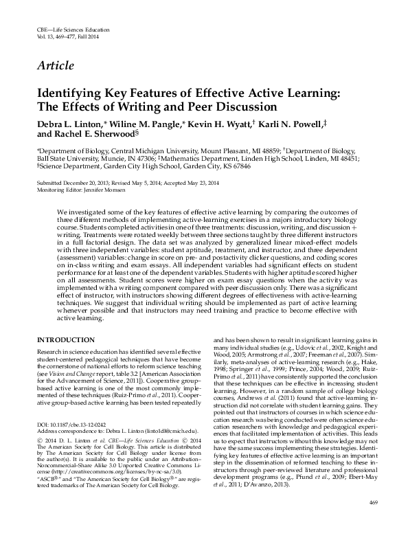 (PDF) Identifying key features of effective active learning: the effects of writing and peer ...