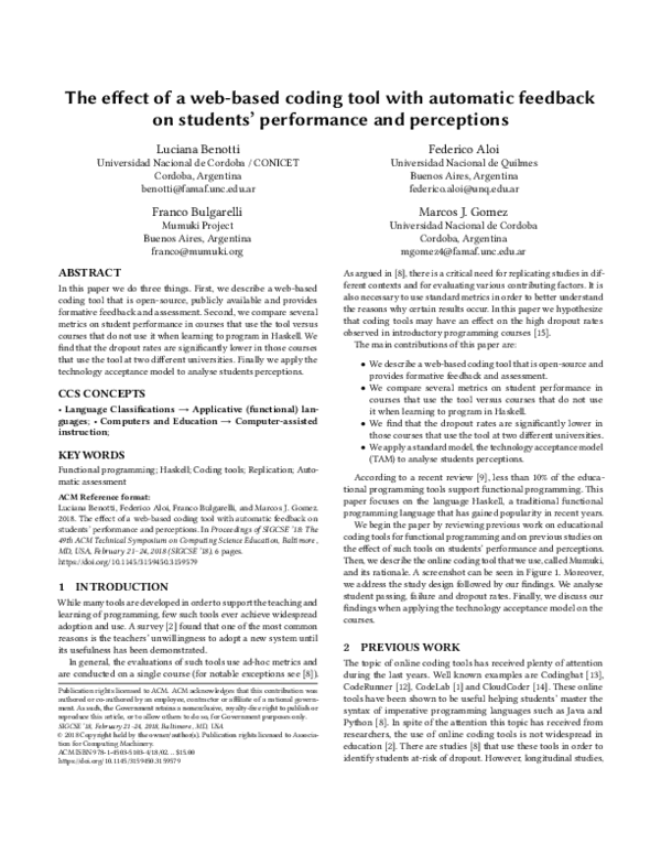 (PDF) The Effect of a Web-based Coding Tool with Automatic Feedback on Students' Performance and ...