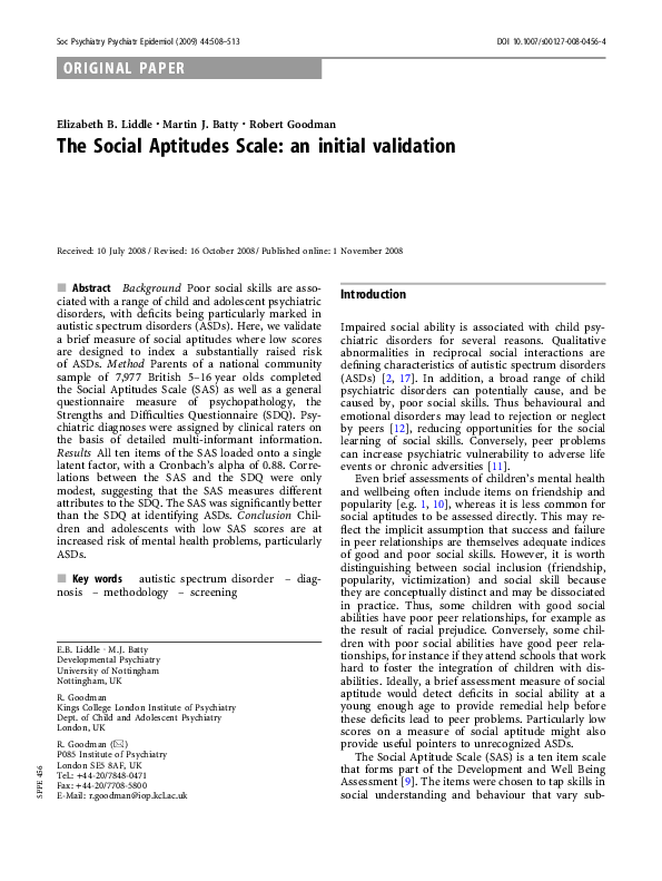 (PDF) The Social Aptitudes Scale: an initial validation
