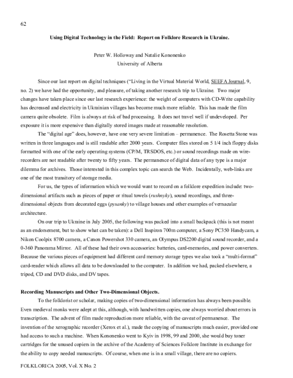 (PDF) Using Digital Technology in the Field: Report on Folklore ...