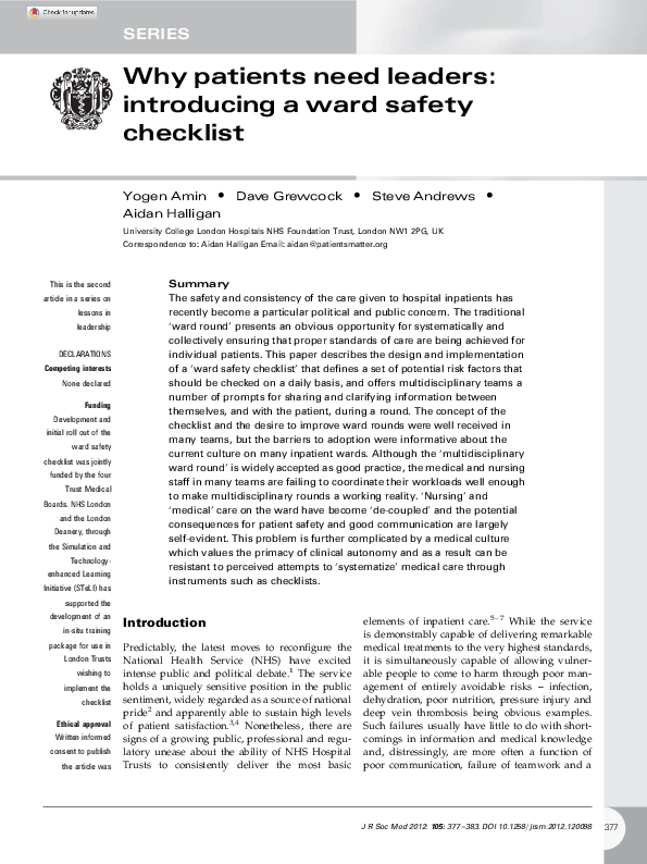 (PDF) Why patients need leaders: introducing a ward safety checklist