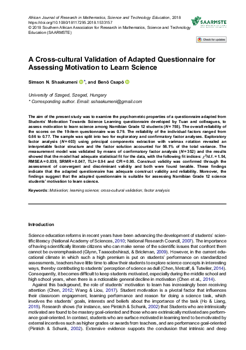 Pdf A Cross Cultural Validation Of Adapted Questionnaire For Assessing Motivation To Learn Science