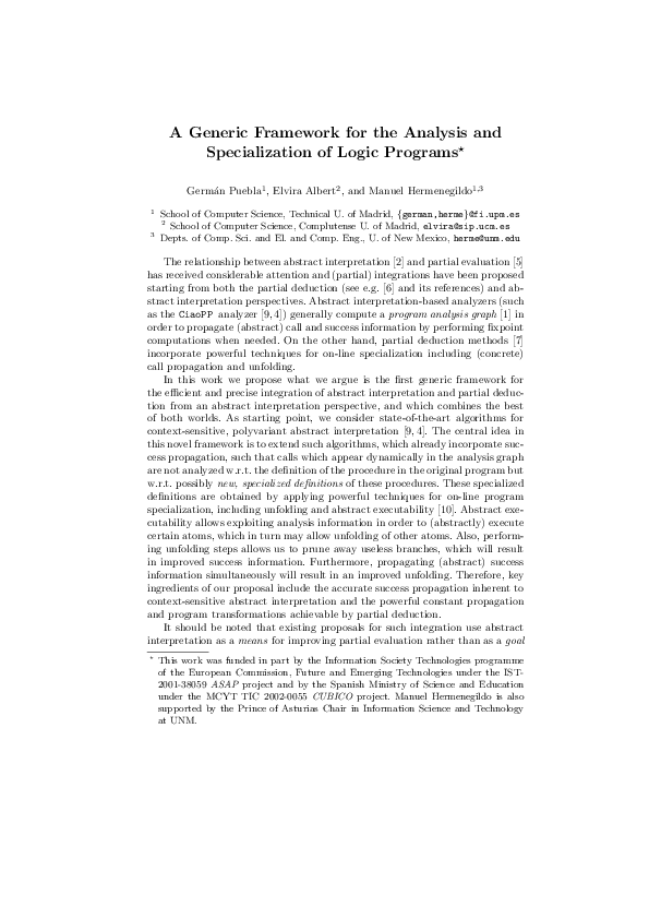(PDF) A Generic Framework for the Analysis and Specialization of Logic Programs