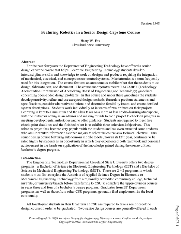 (PDF) Featuring Robotics In A Senior Design Capstone Course