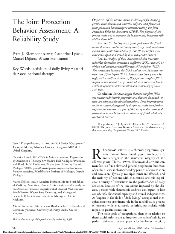 (PDF) The Joint Protection Behavior Assessment: A Reliability Study