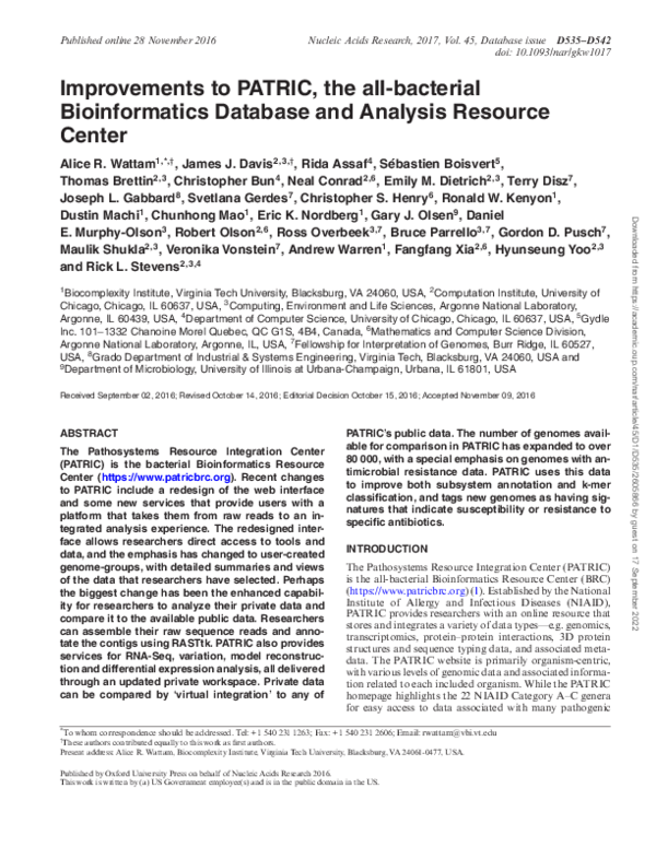 (PDF) Improvements to PATRIC, the all-bacterial Bioinformatics Database and Analysis Resource Center