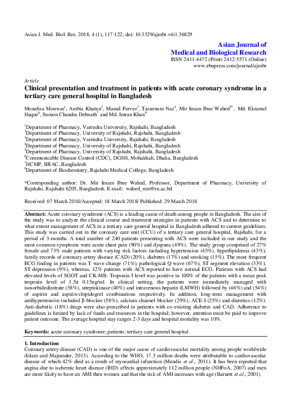 (PDF) Clinical presentation and treatment in patients with acute coronary syndrome in a tertiary ...