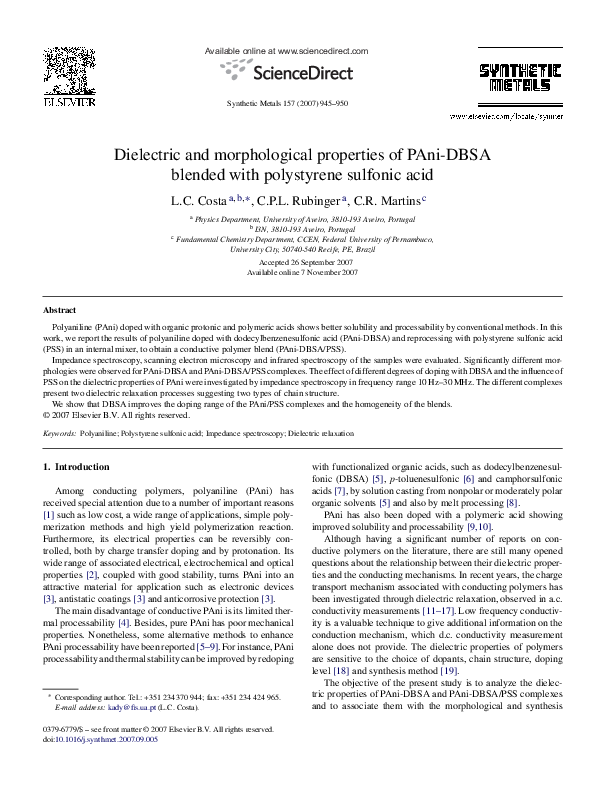 (PDF) Dielectric and morphological properties of PAni-DBSA blended with polystyrene sulfonic acid