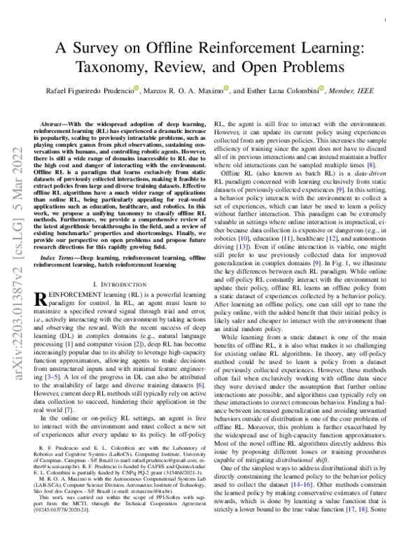 (PDF) A Survey on Offline Reinforcement Learning: Taxonomy, Review, and Open Problems