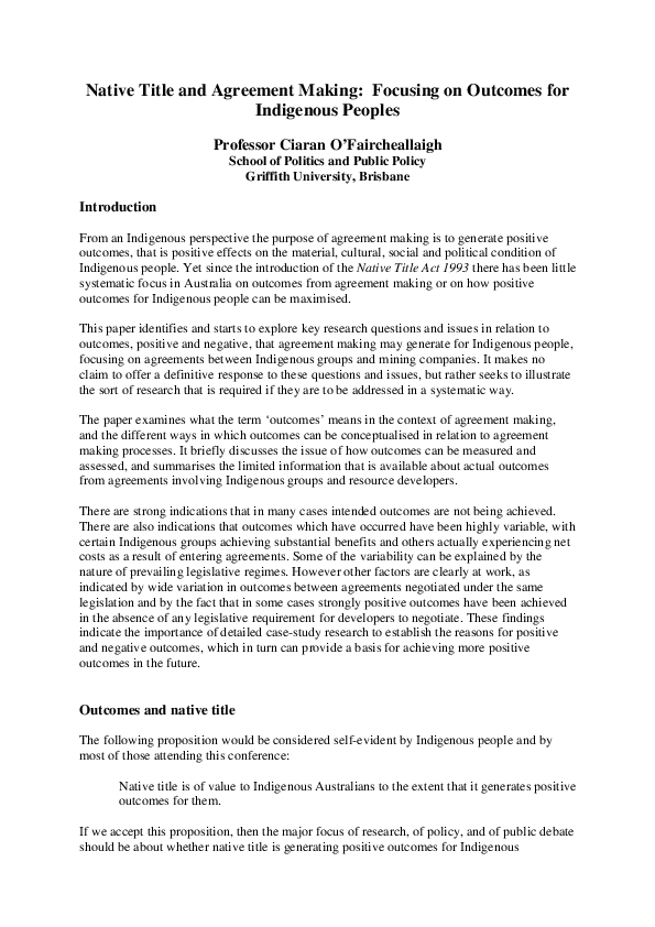 (PDF) Native Title and Agreement Making: Focusing on Outcomes for ...