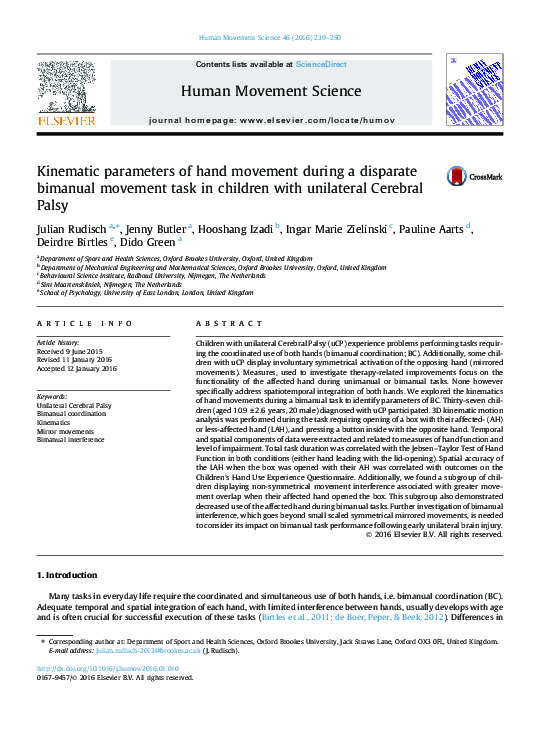 (PDF) Kinematic parameters of hand movement during a disparate bimanual movement task in ...