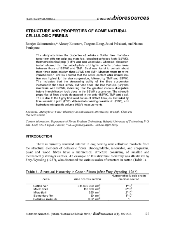 (PDF) Structure and Properties of Some Natural Cellulosic Fibrils