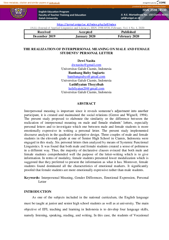 (PDF) The Realization of Interpersonal Meaning on Male and Female ...
