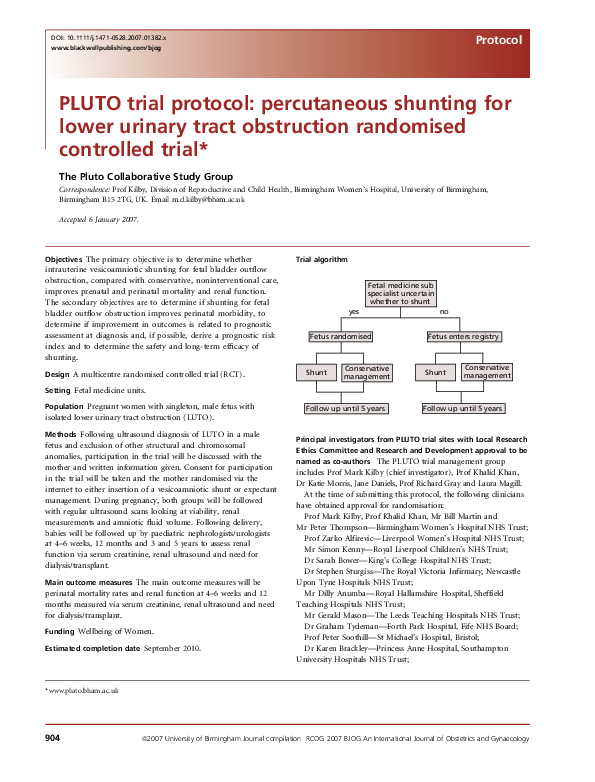 (PDF) PLUTO trial protocol: percutaneous shunting for lower urinary ...