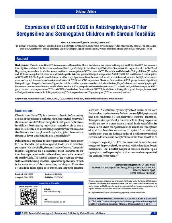 (PDF) Expression of CD3 and CD20 in antistreptolysin-O titer seropositive and seronegative ...