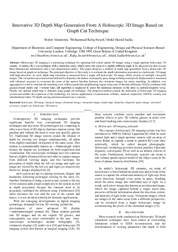 (PDF) Innovative 3D Depth Map Generation From A Holoscopic 3D Image Based on Graph Cut Technique