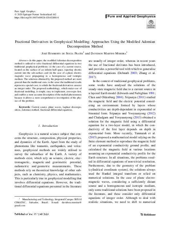 Pdf Fractional Derivatives In Geophysical Modelling Approaches Using