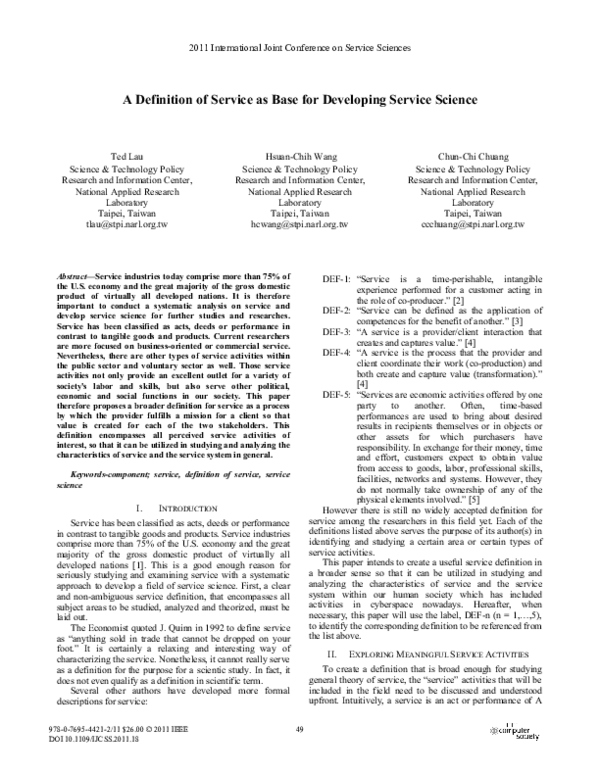(PDF) A Definition of Service as Base for Developing Service Science