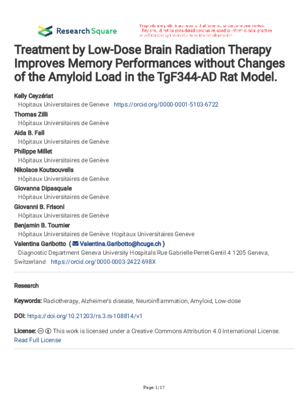 (PDF) Treatment by Low-Dose Brain Radiation Therapy Improves Memory ...
